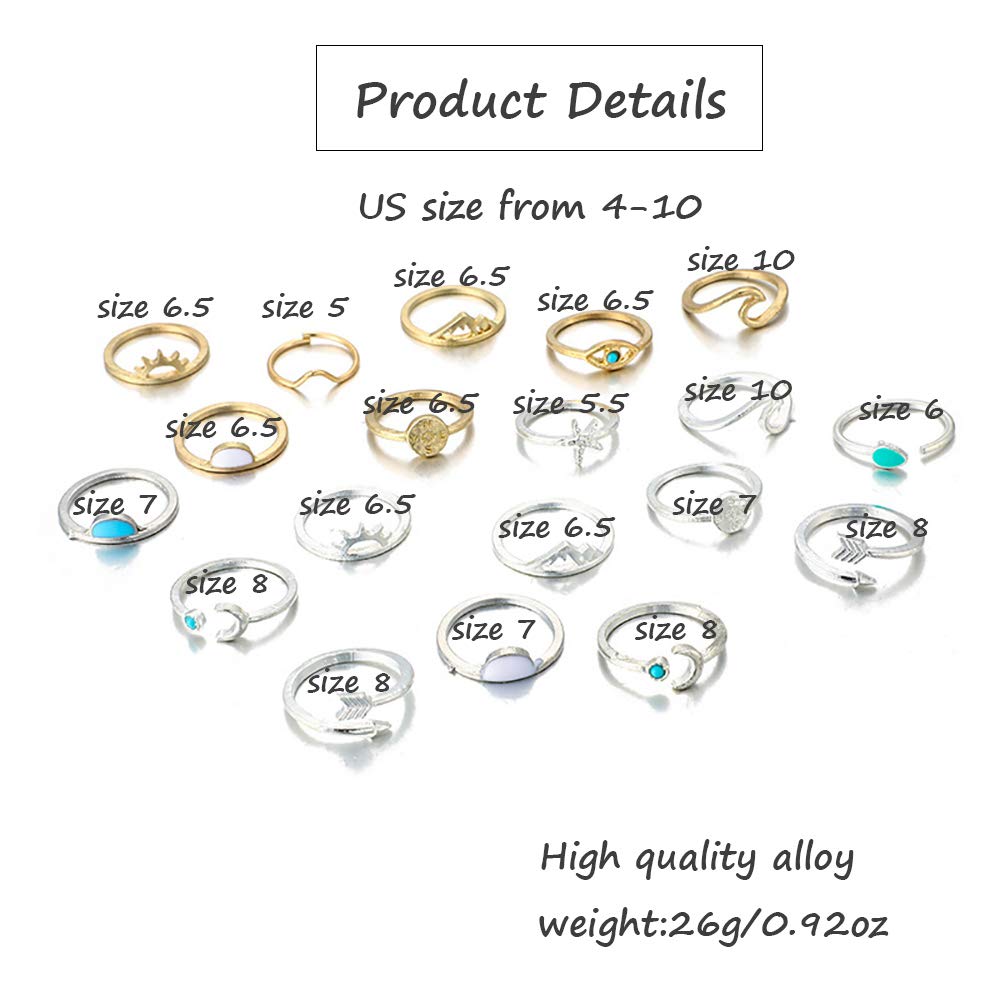 CSIYANJRY99 19Pcs Boho Retro Stackable Rings Sets for Women,Peak Sea Wave Compass Turquoise Knuckle Finger Rings