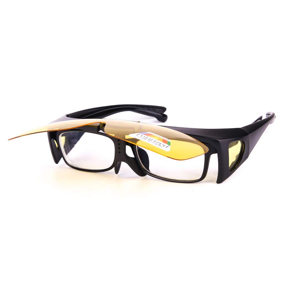 DBWEAR Night Vision Glasses Polarized Fit Over Prescription Flip Up Lens Driving Night Glasses for Men Women, Yellow, Large