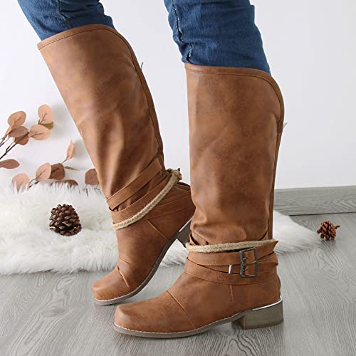 FASDNENDYS Boots for Women Ankle Booties Womens Shoes Square Toe Belt Buckle Back Zipper Chunky Heel Short Mud Boots Brown