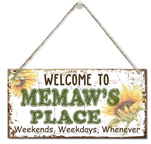 Vintage Welcome to Memaw's Place Weekends, Weekdays, Whenever Decor Sign, Printed Wood Plaque Sign, Hanging Wood Sign Home Decor, Home Decor Wall Art Sign, Sunflower Sign Gift for Grandma 12" x 6"