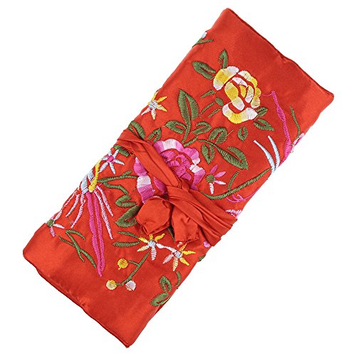 Lidwot 1 Piece Red Embroidery Flower and Bird Silk Brocade Jewelry Roll Bag,Travel Jewelry Organizer Bag with Ribbons Tie Close