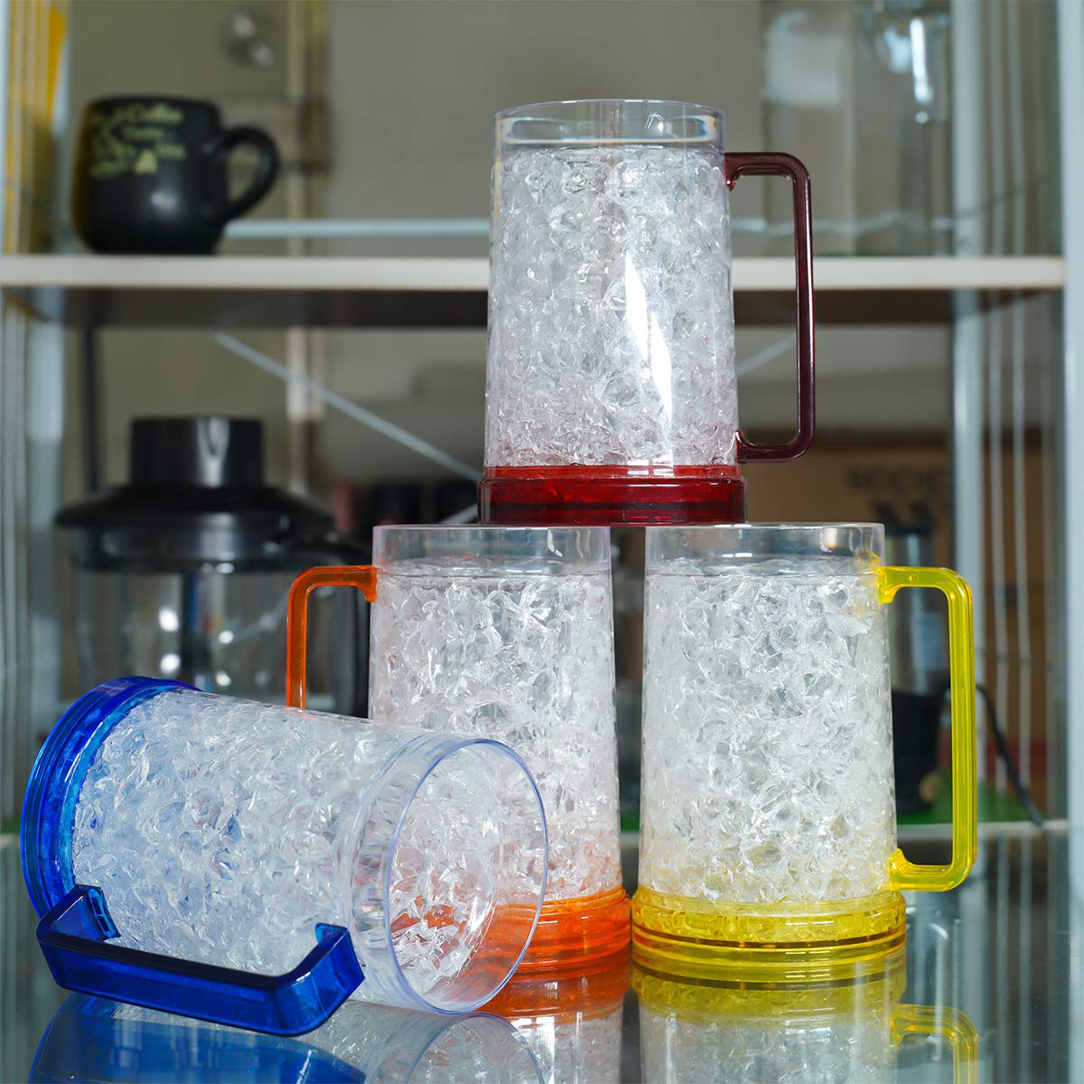 Drinking Glasses Cups, Double Wall Gel Freezer Beer Mugs, Freezer Ice Mugs Cups, 16oz, Plastic Cooling Beer Mug Clear Set of 4 (Red, Green, Blue, Orange)