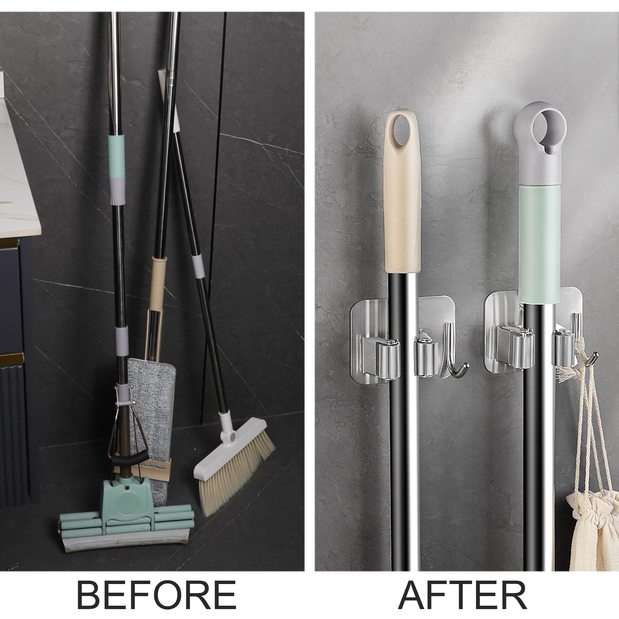 KWOKWEI 5PCS Broom and Mop Holder Wall Mount, Self Adhesive Broom Hanger with Hook, Stainless Steel Garden Tool Organizer Rack Broom Holder for Laundry Room, Bathroom, Garage, Kitchen Black