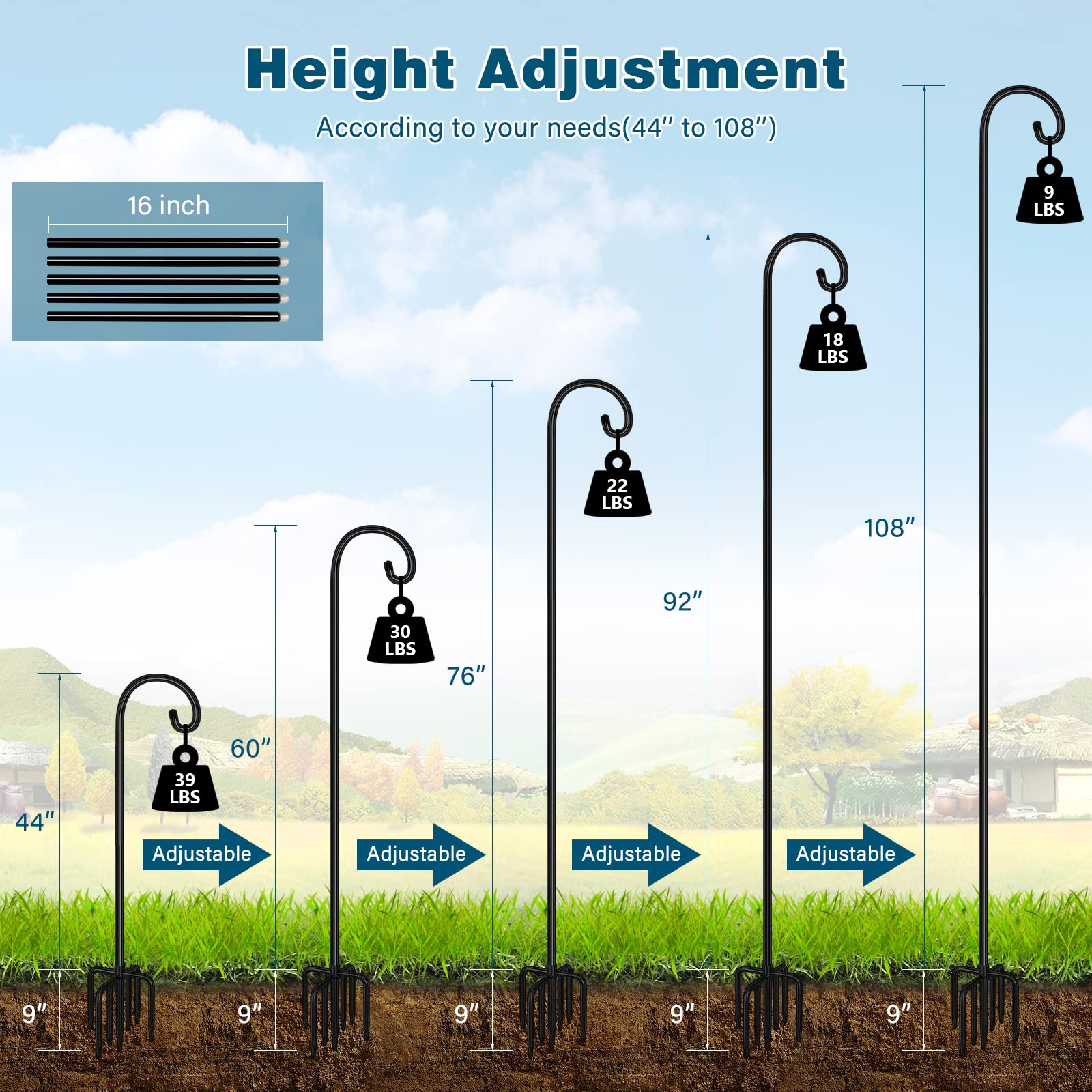 Gtongoko 2 Pack Shepherds Hook 76 Inch, Tall Bird Feeder Pole, Adjustable Shepards Hooks for Outdoor Plant Baskets, Lanterns, Weddings Decor, Solar Lights, Black