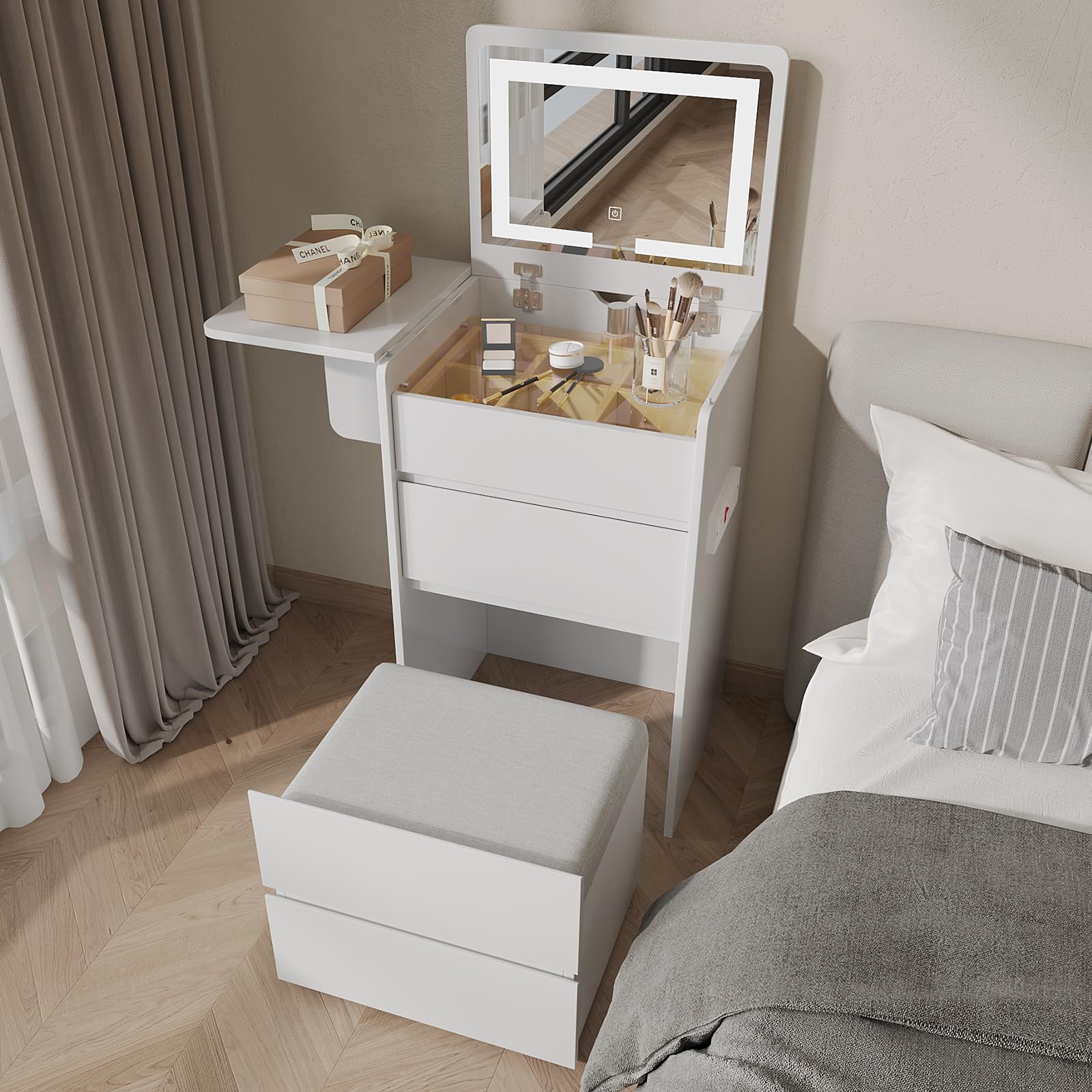 HIMAmonkey Small Makeup Vanity with Mirror and Lights, 3-in-1 Vanity Desk with 3 Drawers, Corner Vanity Set with Soft Stool, Compact Dressing Table for Living Room/Bedroom-19.7in/White