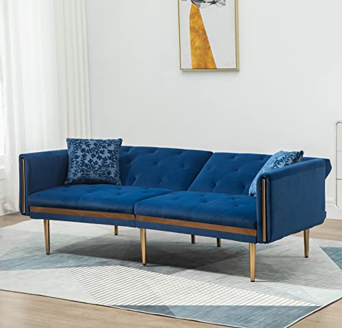 HBHM Velvet Sofa Accent Sofa, Mid Century Modern Loveseat Velvet Fabric Couch, Convertible Futon Sofa Bed, Recliner Couch Accent Sofa Loveseat Sofa with Gold Metal Feet,Blue
