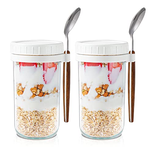 GUUTRY Overnight Oats Containers with lids and Spoons: 24 Oz Mason Jars for Overnight Oats - 2 Pack Glass Food Storage Containers for Oatmeal - Meal Prep Container/Canning Jars/Food Jars & Canisters