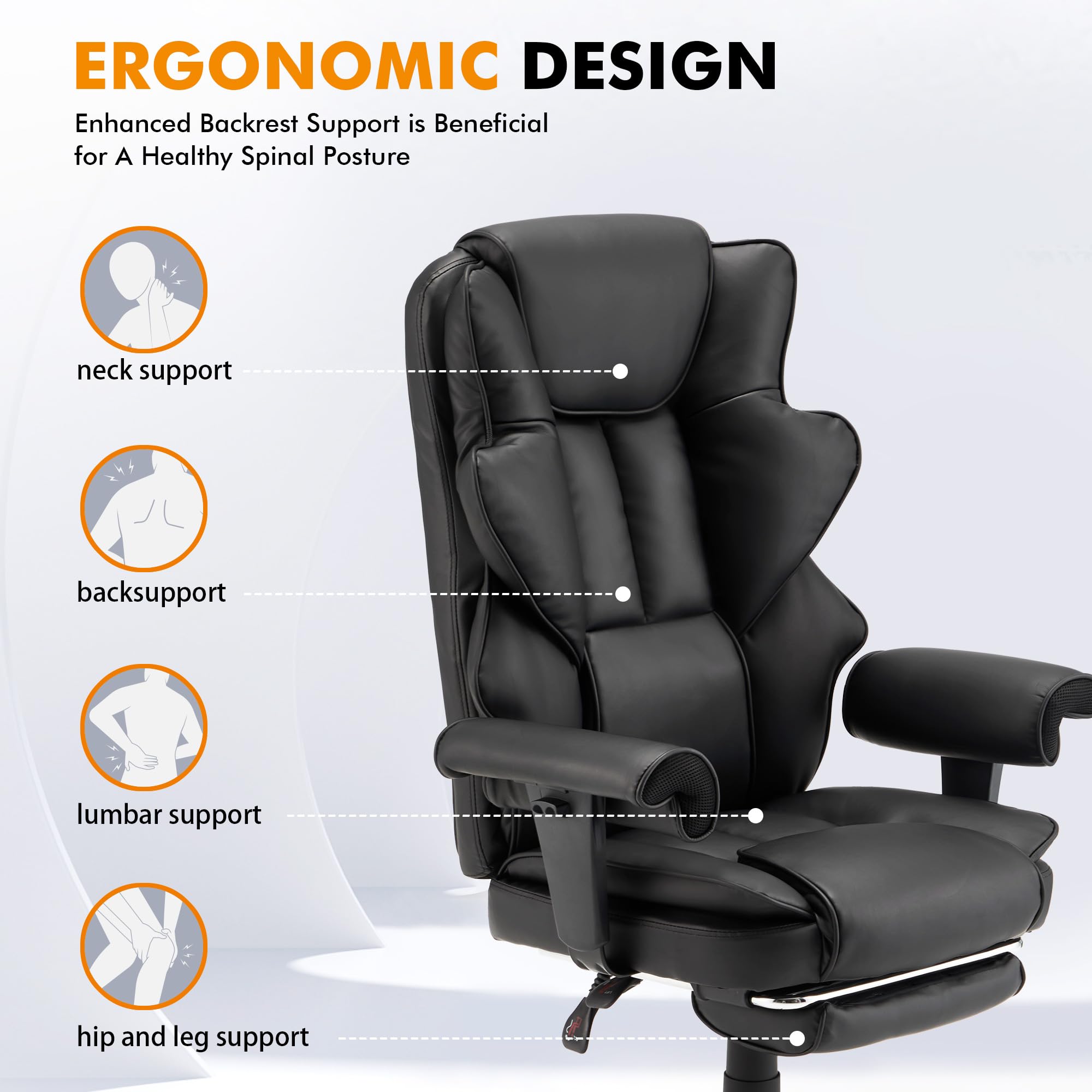 HOMREST 6-Point Massage Office Chair,Heating Executive Chair,Ergonomic Home Office Desk Chair with Retractable Footrest and Reclining Function,Leather Computer Chair with Adjustable Armrest(Off White)