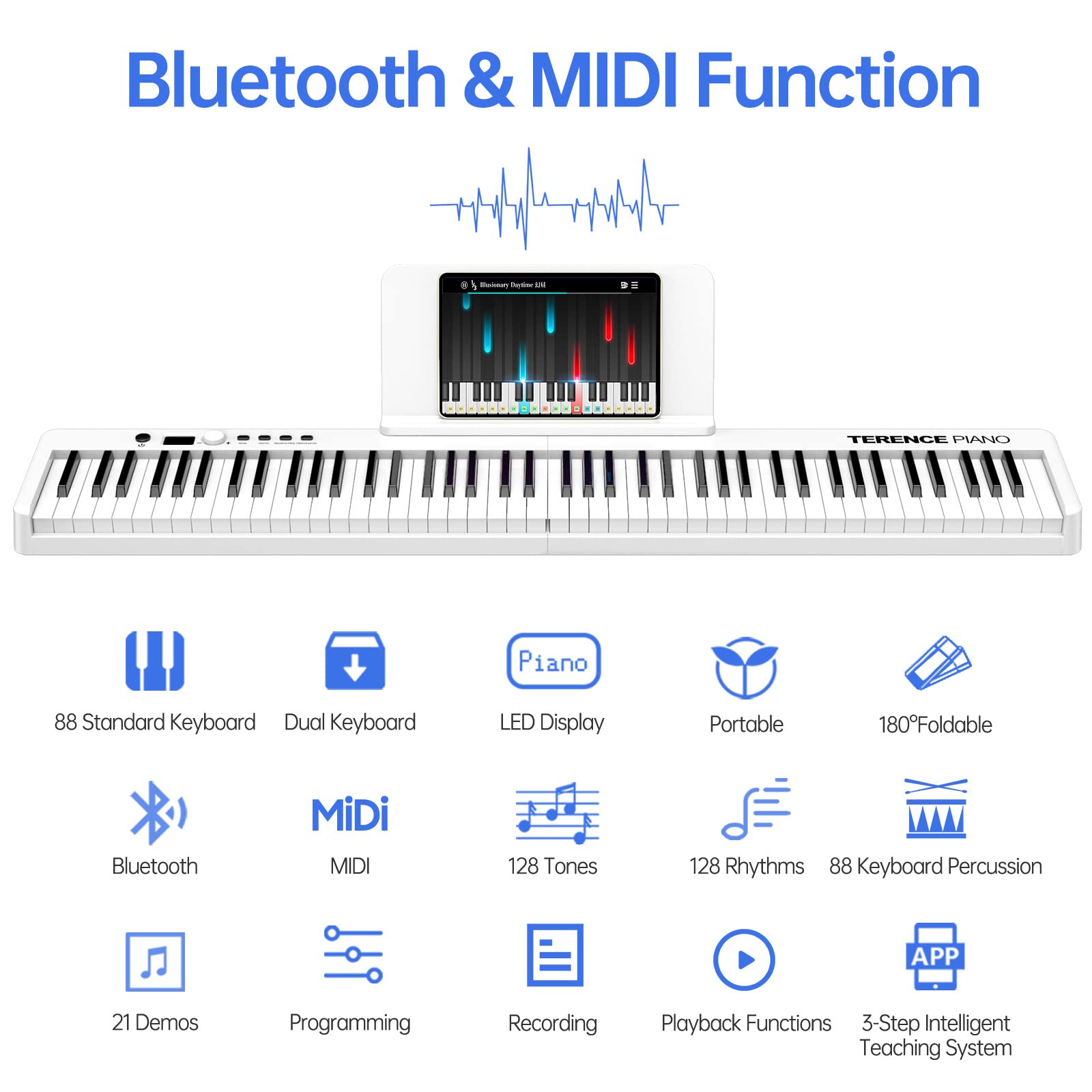 Folding Piano Keyboard, 88 Keys Full Size Semi-Weighted Foldable Piano, Support MIDI Bluetooth Portable Piano with LCD Screen Sheet Music Stand Sticker Sustain Pedal for Beginners Kids (White)