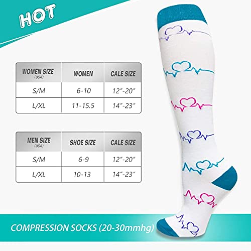 CTHH 7 Pairs Compression Socks for Women & Men Circulation Support Knee High Socks (06 Yellow/Green/Blue/Heart, Small-Medium)