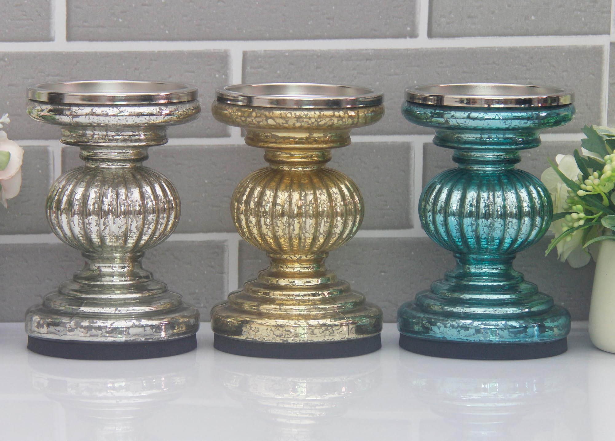 CFDECOR Mercury Glass Pillar Candle Pedestal Holders with Lights Set of 2,Candle Holder for Pillar Candle,Candlestick Holders,Perfect Decoration for Wedding Home Dining Table Xmas (Blue)
