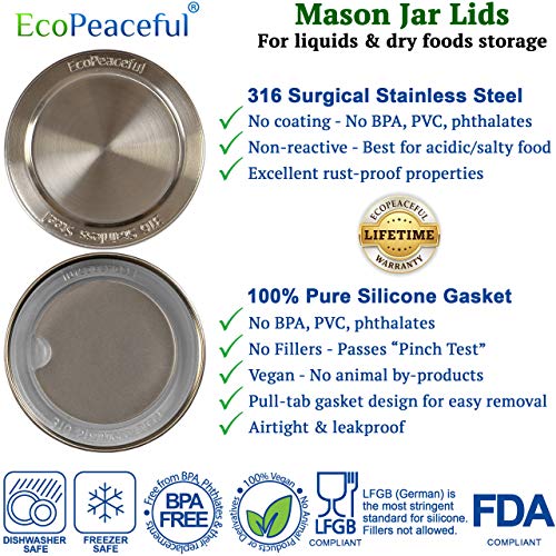 EcoPeaceful 316 Surgical Stainless Steel Mason Jar Lids WIDE Mouth -ORIGINAL DESIGN- Stackable w/Pull-Tab Silicone Seal. Rust-proof, Airtight, Leak-Proof, BPA-Free, PVC-Free, Vegan - Not for Canning