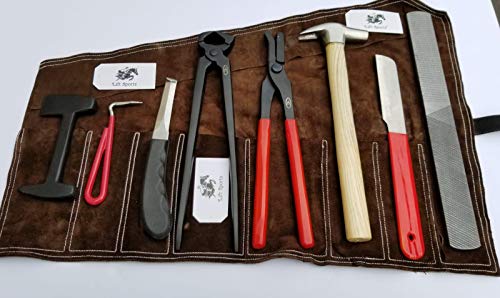 Lift Sports Professional Heavy Duty Horse Farrier Tools Kit Hoof Nipper Clincher Rasp Hammer Knife Forge Nail Grooming Kit with Leather Roll Up Wallet