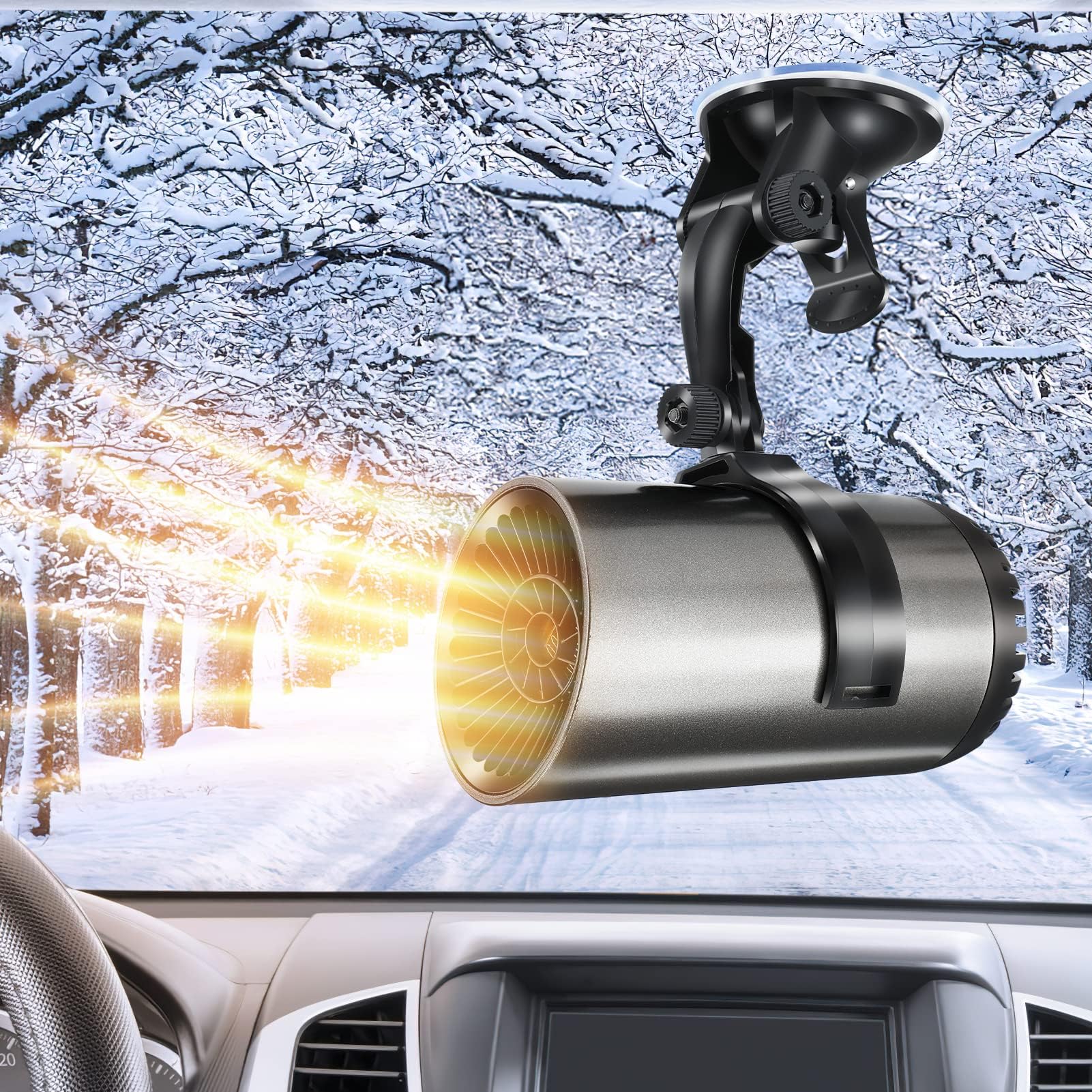 Car Heater, Portable 2 in 1 Car Fans with Heating & Cooling Function Defroster Defogger Plug in Cigarette Lighter with Suction Holder 12V 150W