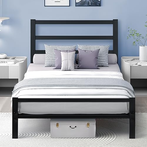 HOMBCK Twin Bed Frames with Headboard and Footboard, 12 Inch Bed Frame Twin with Under Bed Storage, Heavy Duty Bed Frame No Box Spring Needed, Easy Assembly, Black