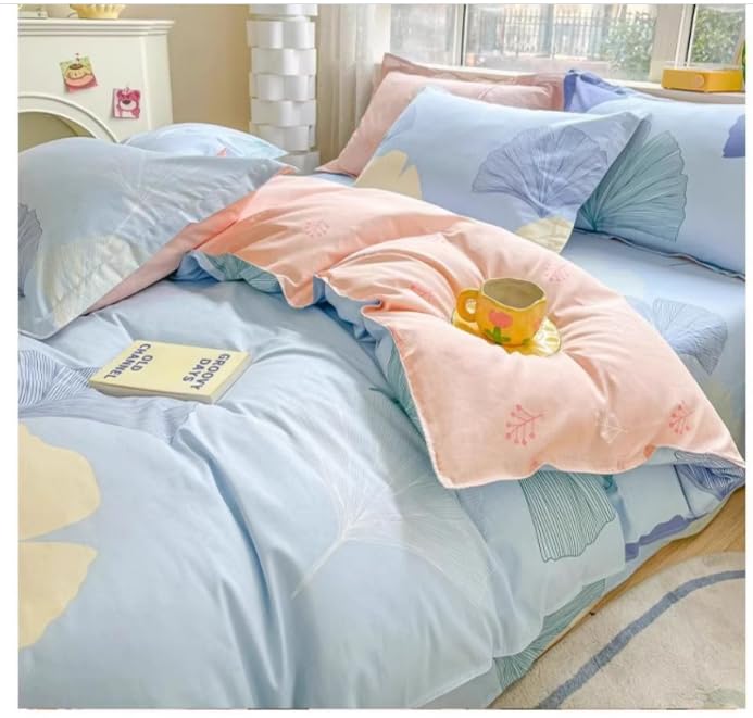 Generic 100% Cotton Duvet Cover Set for King Queen and Twin, Full Size Blue Leaf Print Double Bed Quilt Cover with 2 PCs Pillowcase with Zipper Closure (Full)