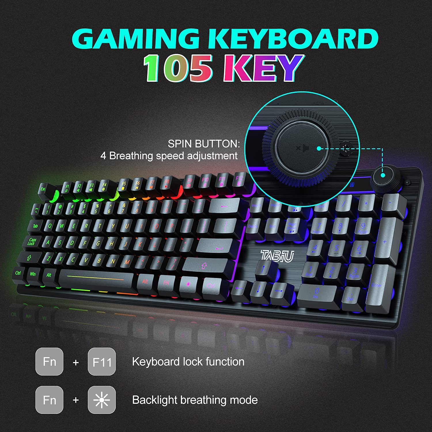 TNBIU Gaming Keyboard, 105-Key Wired Membrane Keyboard, Rainbow LED Backlit Keyboard, Floating Keycap Design, Aluminum Alloy Panel, Stylish Appearance Design, Suitable for Desktop, Computer, PC