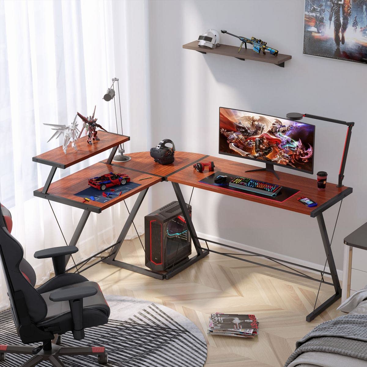 Coleshome Extra Large L Shaped Desk L Desk Gaming Computer Corner Desk with Round Corner with Monitor Stand for Gaming Desk Home Office Writing Workstation, Walnut.