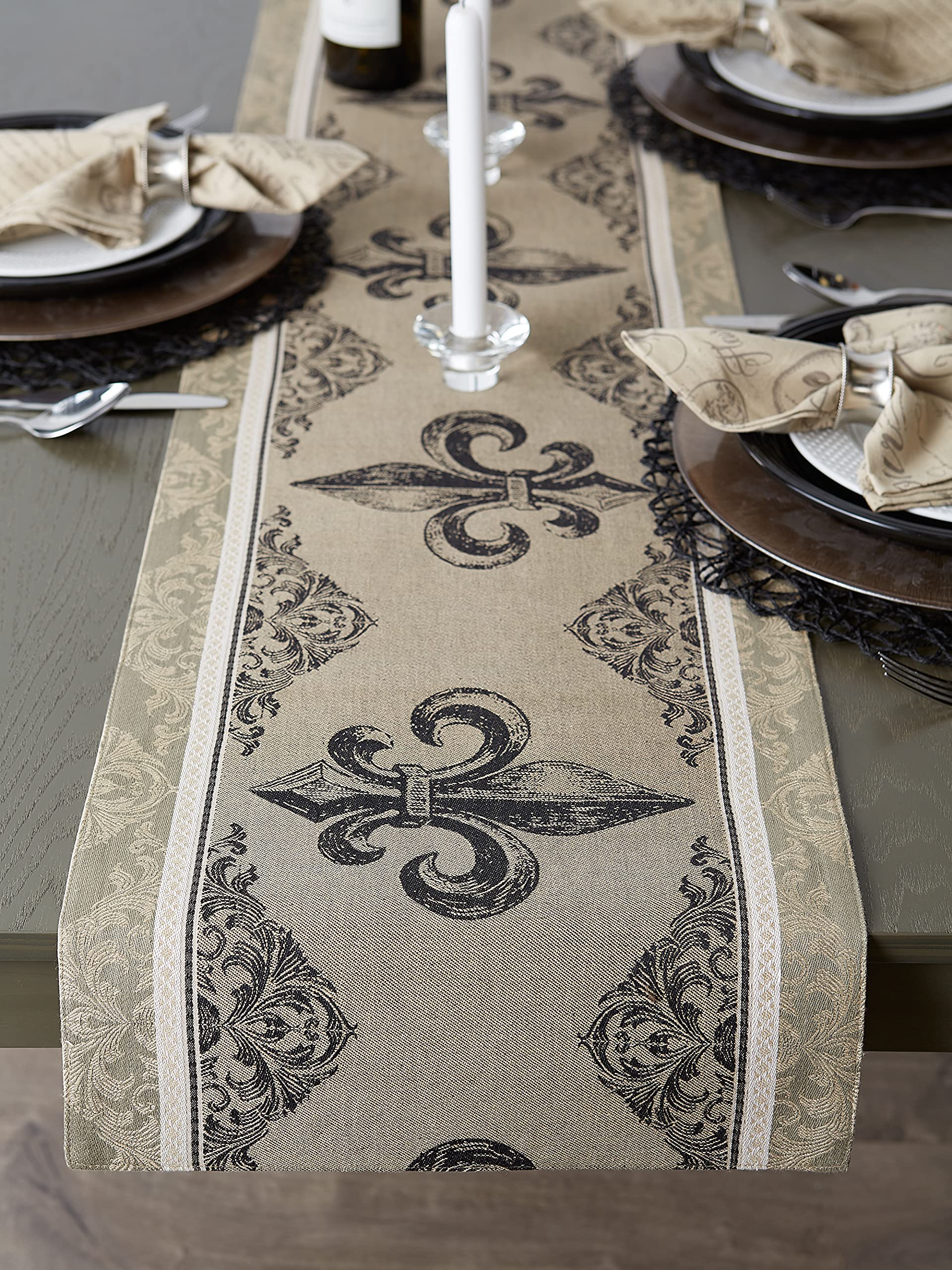 DII French Style Tabletop Kitchen Collection, Reversible Table Runner, 14x108, Fleur de Lis Stripe