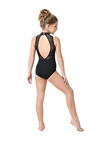 Danz N Motion Girls Flocked Floral Mockneck Tank Leotard 22109C (Black, 12-14)
