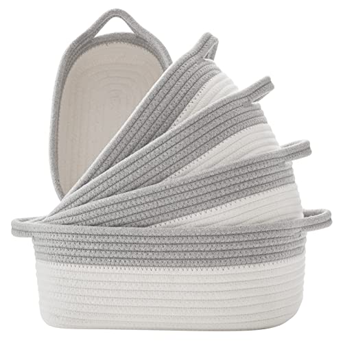 OIAHOMY Cotton Rope Storage Basket, Set of 5 Woven Baskets for Organizing with Handles, Decorative Basket for Baby Nursery, Dog Cat Toy Baskets - Grey & White