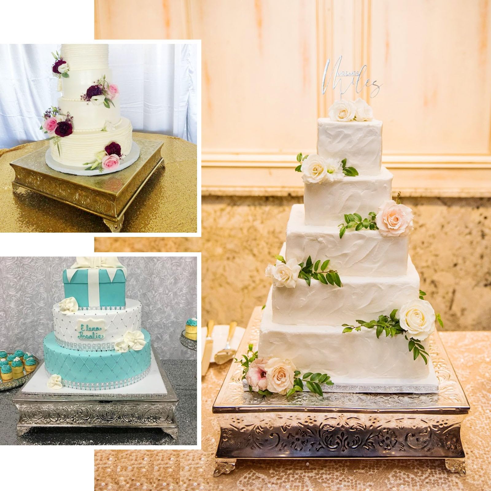 Efavormart 22” Gold Square Embossed Metal Cake Plateau Stand Riser Wedding Birthday Party Dessert Cake Pedestal Display Plate