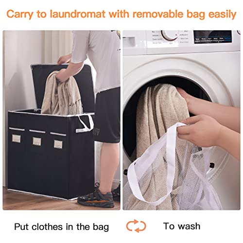 TECHMILLY 3 Section Large Laundry Basket, 140L Laundry Hamper with Lid,Waterproof Durable Clothes Hamper with 4 Removable Bags and 3 labels for Bathroom, Bedroom, Dorm, (Black)