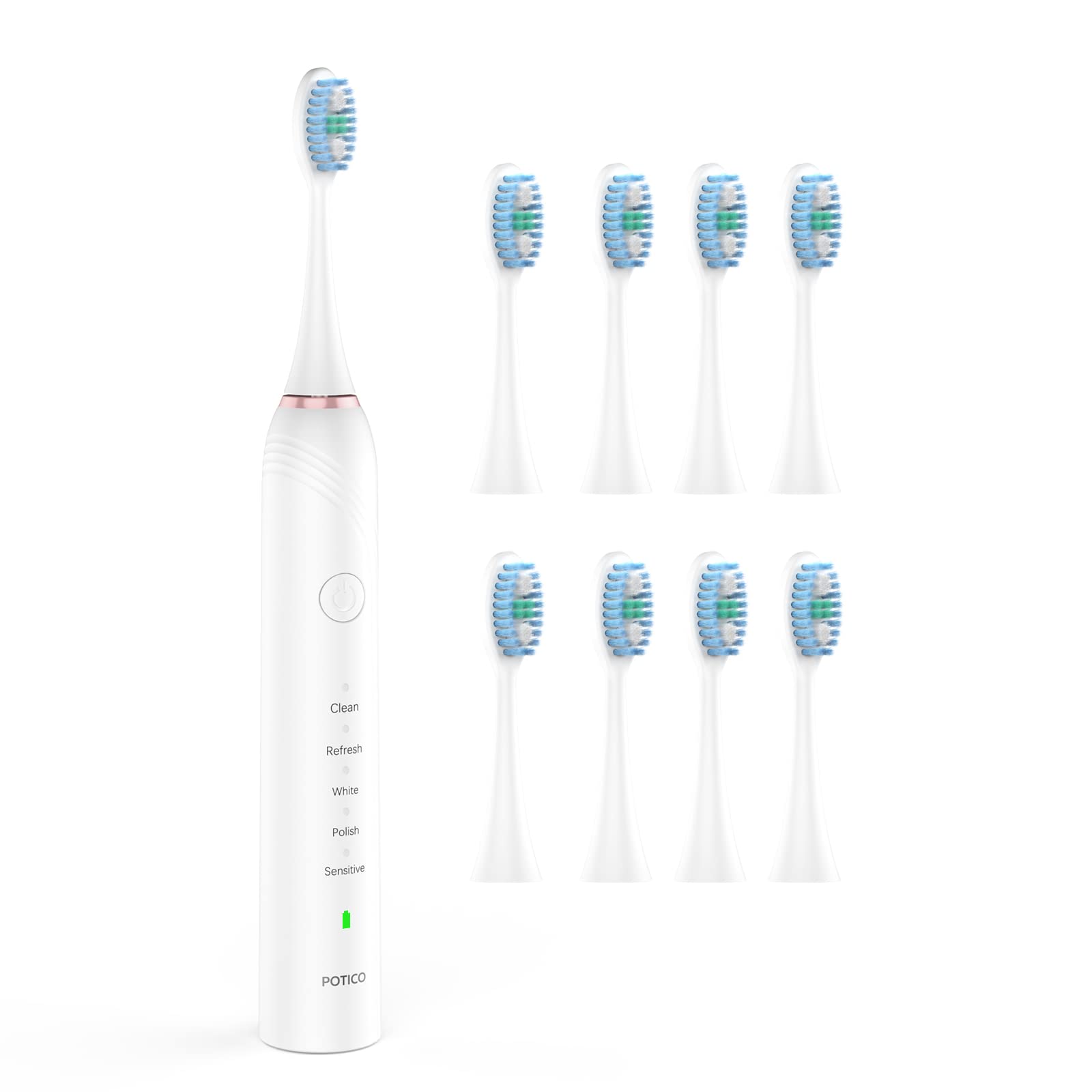 POTICO Sonic Electric Toothbrush for Adult with 8 Duponts Brush Heads, 5Modes, 2 Min Smart Timer, IPX7 Waterproof, Rechargeable Toothbrushes, Charge Lasts for 90 Days use