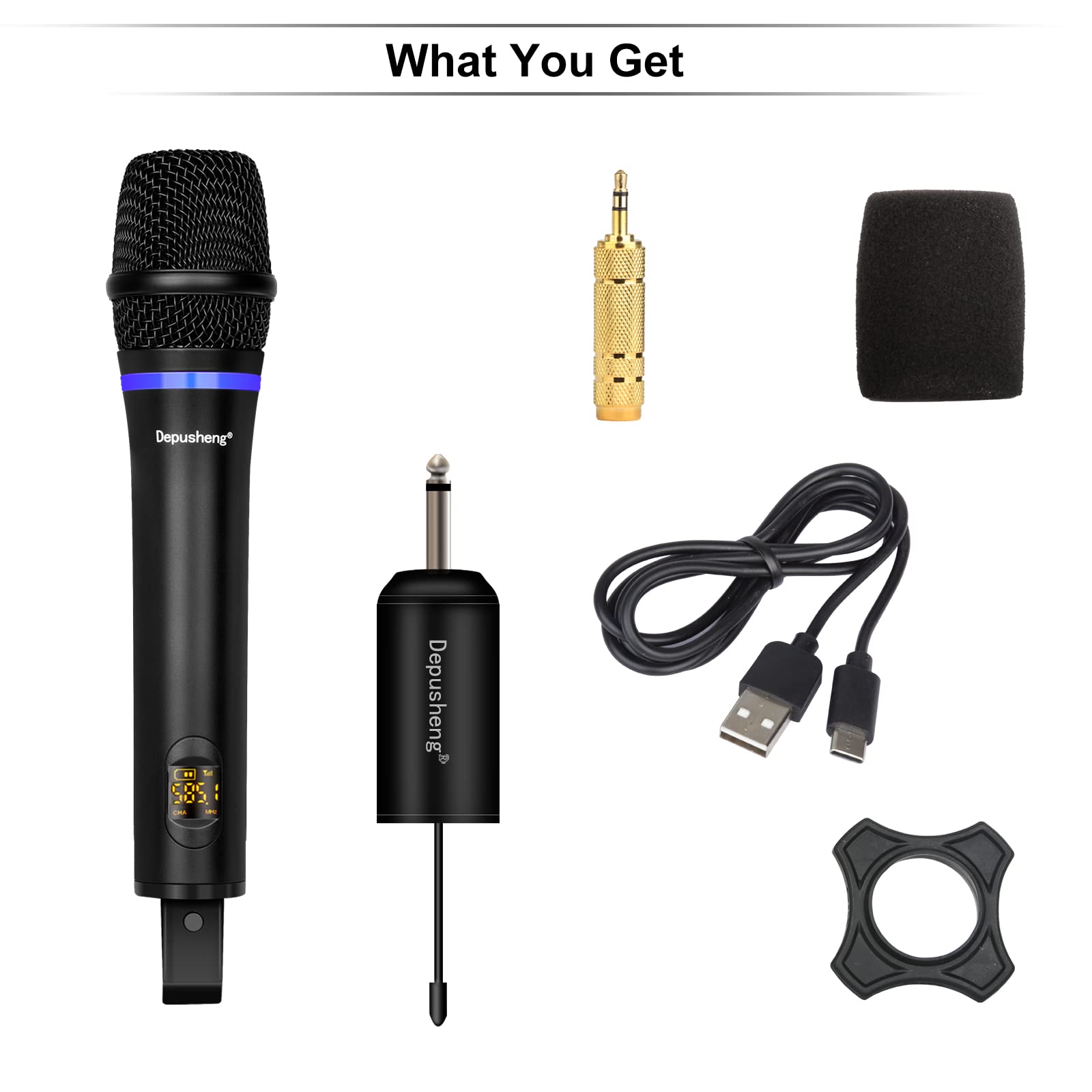 Depusheng Wireless Microphone, UHF Metal Dynamic Handheld Karaoke Mic with Rechargeable Receiver, 1/4”&1/8” Output, for Karaoke Singing, Wedding, DJ, Party, Speech, Church, Class Use W7, Black