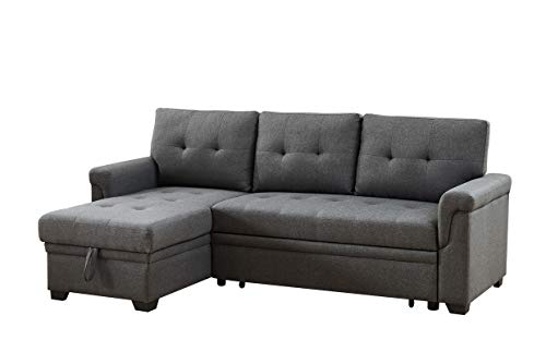 RITSU L-Shape Dark Gray Corner Couch with Storage Chaise, Linen Reversible Fabric Sleeper Sectional Sofa with Arms for Living Room, Apartment, Home Furniture, Dorm