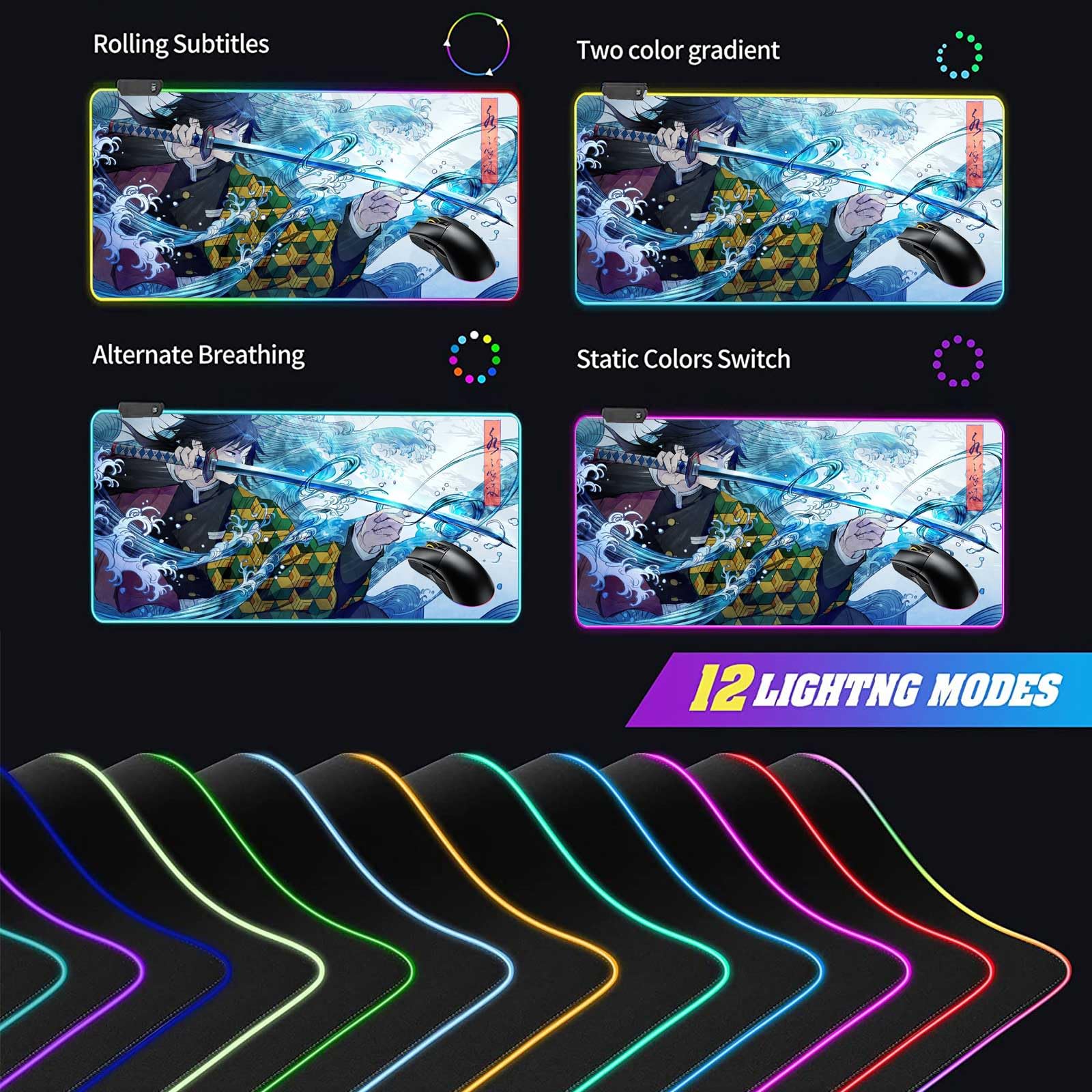 RGB Large Gaming Mouse Pad Anime Giyu Sword,Laptop Desk Pad,Mousepad with Stitched Edge Frame & Non-Slip Rubber Base,Computer Keyboard and Mice Pads Mouse Mat 31.5X15.7