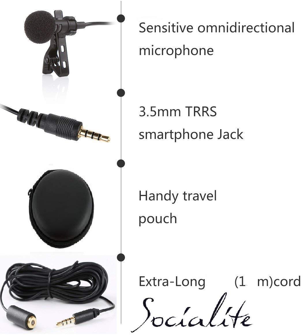 Socialite 3.5 mm Magic Microphone Clip On Lapel Lavalier Mic for Mac, PC, Compatible with iPhone Android Podcasting Recording Streaming incl Extra Long 6.5 Ft Extension Cable Just Plug and Play