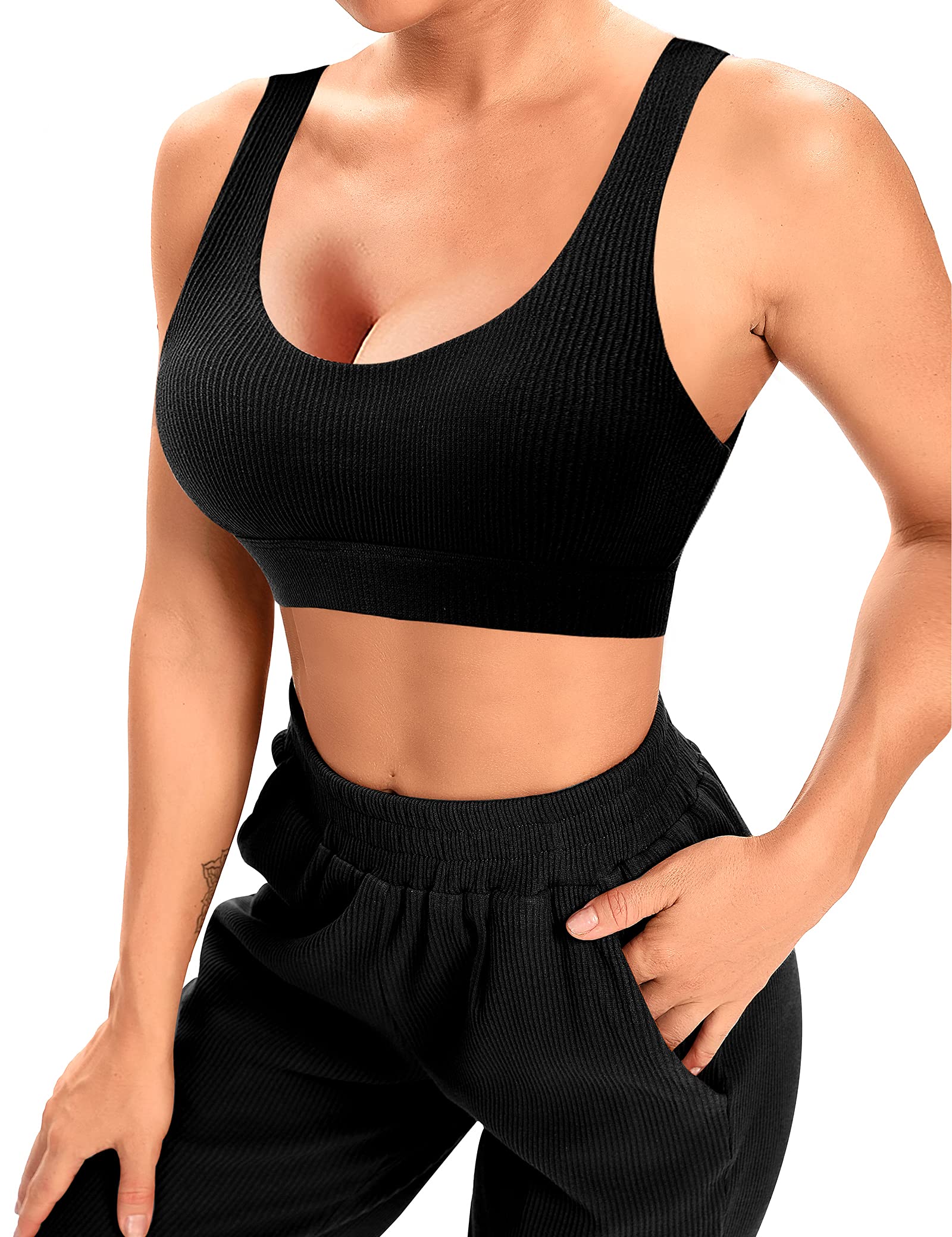 DERCA Two Piece Workout Outfits for Women Jogger Sweatpants Sets with Pockets Ribbed Sports Bra Gym Activewear (#1 Black,Medium)