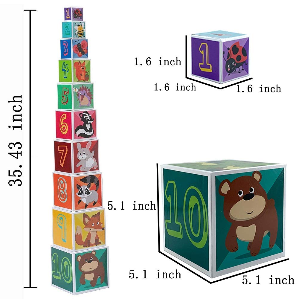 CRUISTORE Cardboard Nesting and Stacking Blocks Set | 10 Pcs of Blocks with Animal、Plant、Numbers、Letters | Development Stacking Games for Kids Toddlers