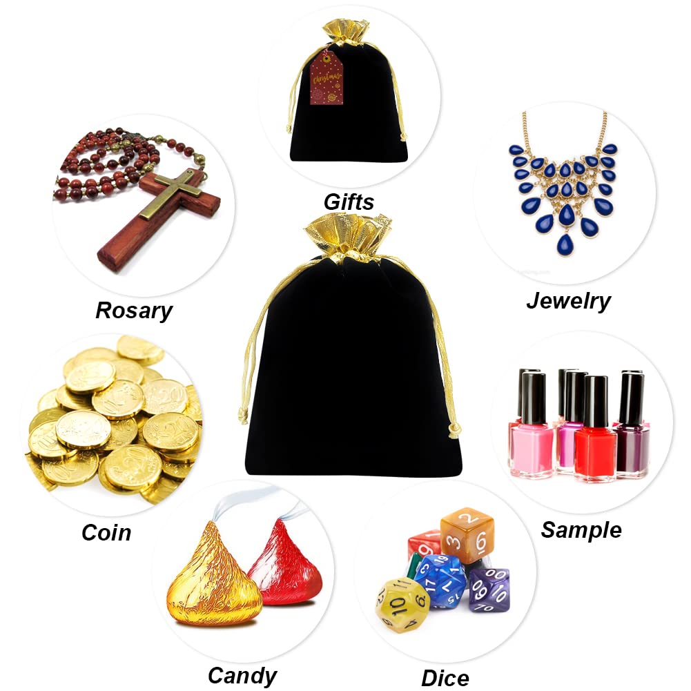 HRX Package 10pcs Velvet Bags with Drawstrings 5x7 inch, Black Gold Cloth Gift Pouches Baggies Sacks for Jewelry Dice Party Favor