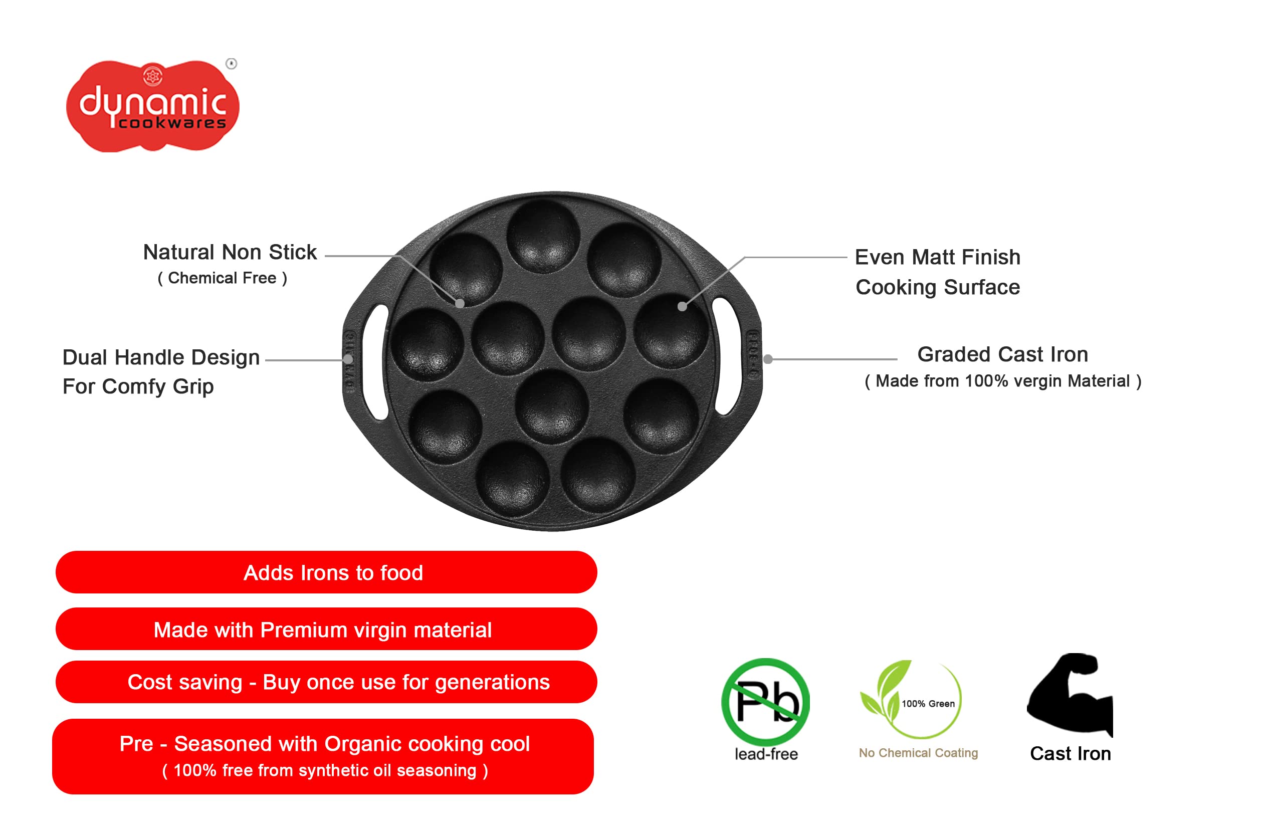DYNAMIC COOKWARES, Mini Paniyaram pan Cast Iron Flat Bottom Tawa 8 Inch 12 Cavity, Go's Best with Gas, Induction Base, and Electrical Cook top