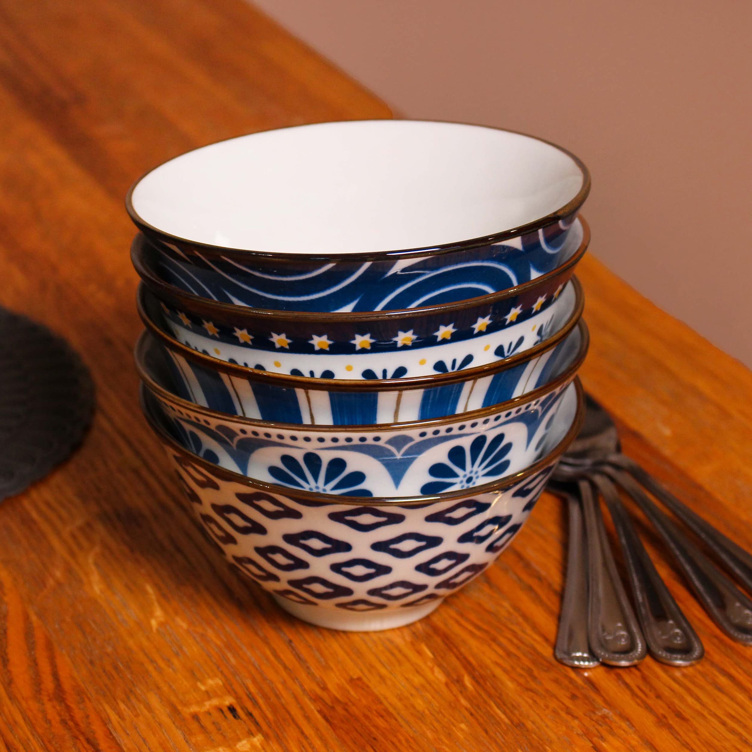 Creekview Home Emporium Ceramic Bowl Set - 5pc Blue and White 10oz Glass Small Serving Bowls for Eating or Decoration
