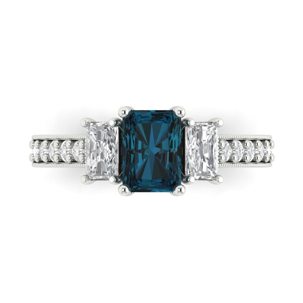 Clara Pucci 1.71ct Emerald Round Cut Solitaire 3 stone Accent Natural London Blue Topaz gemstone designer Modern Ring 14k White Gold