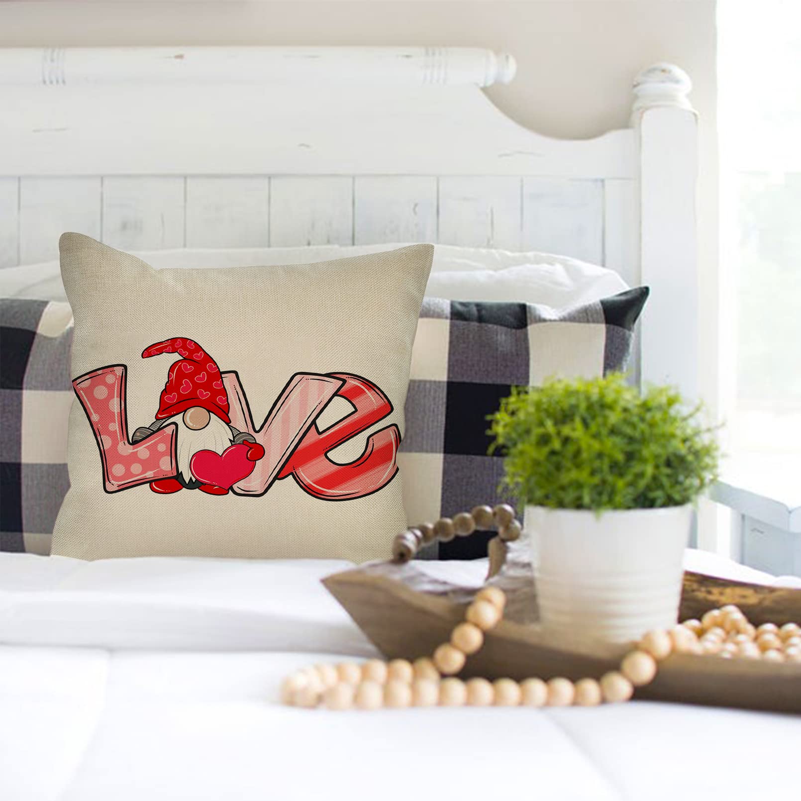 Softxpp Gnome Decorative Throw Pillow Cover, Valentine’s Day Cushion Case Pink Love Heart Sign, Anniversary Wedding Home Spring Decorations Pillowcase Decors for Sofa Couch 18 x 18 Cotton Linen