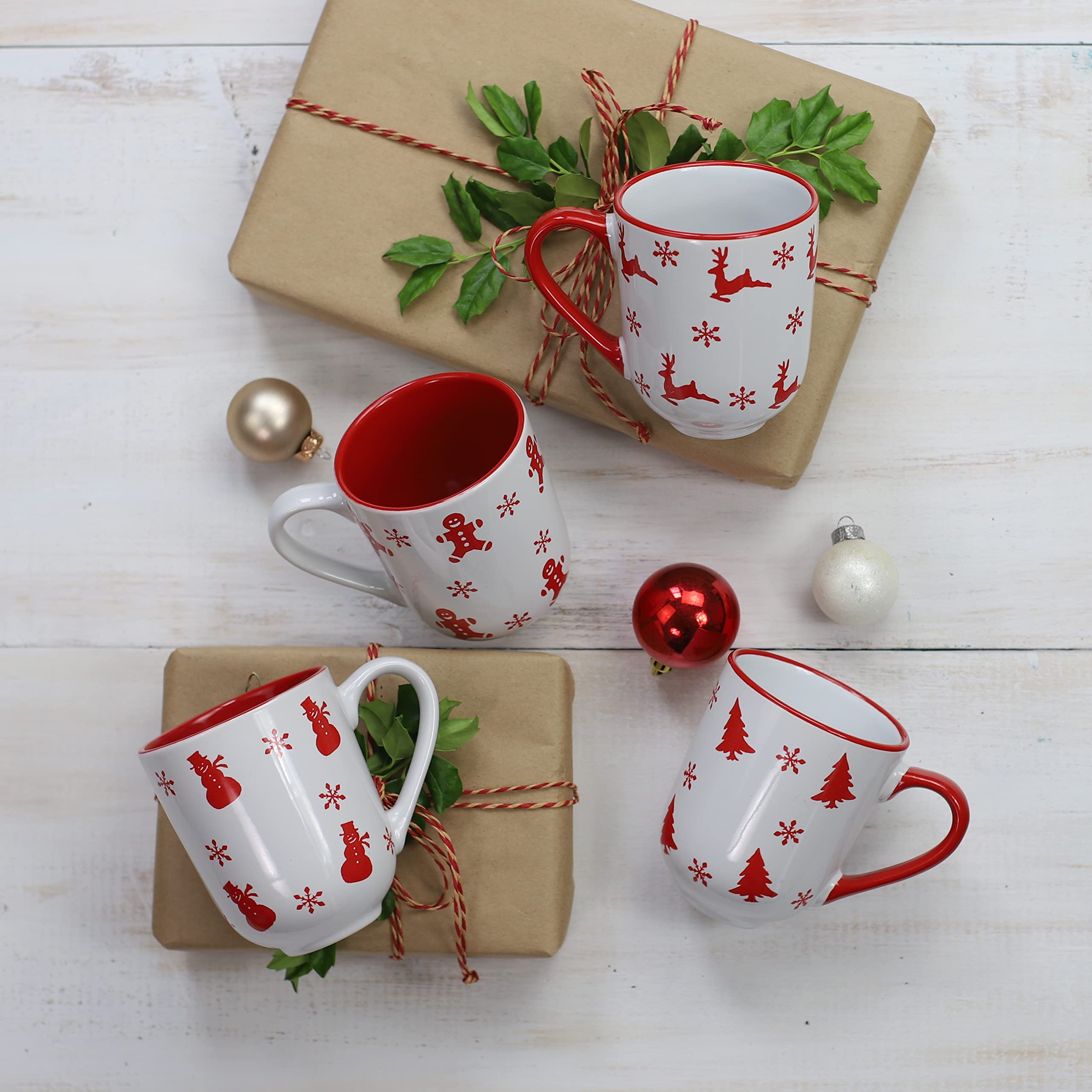 Euro Ceramica Winterfest Collection 4 Piece Mug Set | Festive Assorted Parttern | Stoneware Mugs Set |Hand-Stamped Holiday Design, Red & White Assorted Holiday Patterns| Winterfest nGift Set