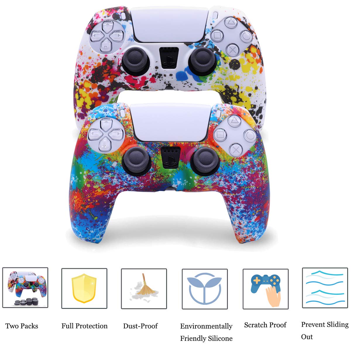 Sofunii 2 Pack Silicone Controller Skins Anti-Slip Cover Case Protector Sleeve for PlayStation 5 /PS5 Controller with 8 x Thumb Grip Caps(Bright and Colorful)