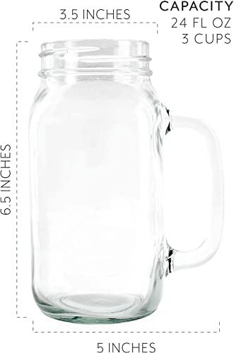 Darware Mason Jar Mugs with Handles (24oz, Clear, 4-Pack); Glass Drinking Glasses for Cold Beverages, Decoration, Storage, Party Favors, Cocktails, Floats