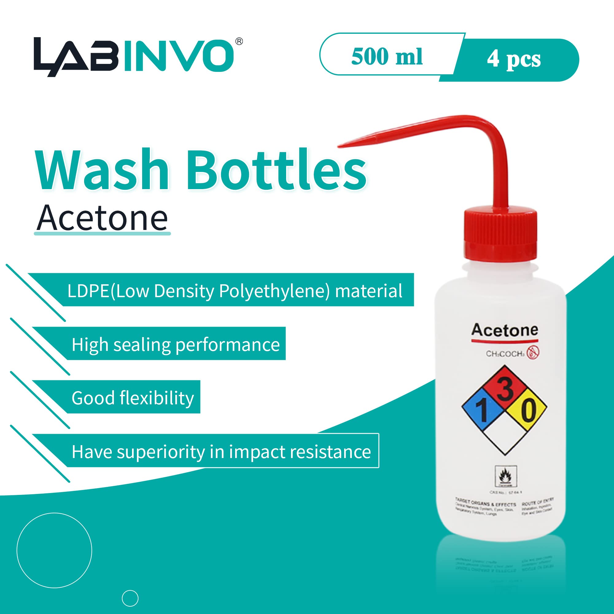 LABINVO 4pcs of Acetone Wash Bottles, Vol.500ml (17oz), Narrow Mouth, Self-Venting Safety Wash Bottles, LDPE Material, IN-WBA500