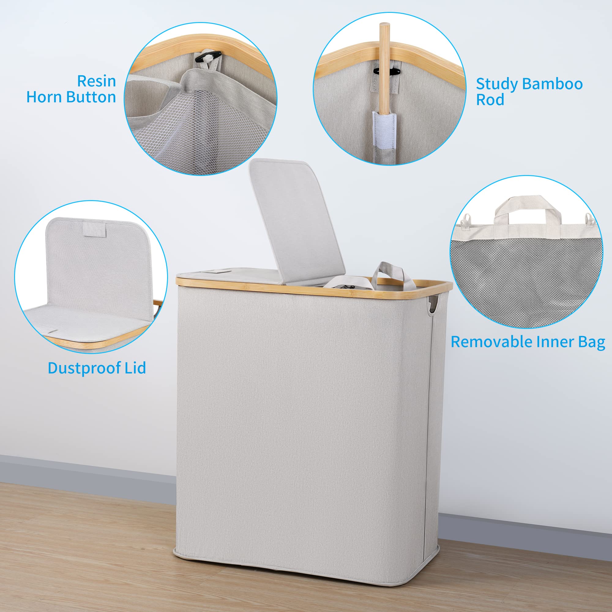 efluky Double Laundry Hamper with Lid, Divided Laundry Hamper with Removable Bags, 2 Section Dirty Clothes Basket with Handles for Bathroom, Bedroom & Laundry Room, 140L Light Grey