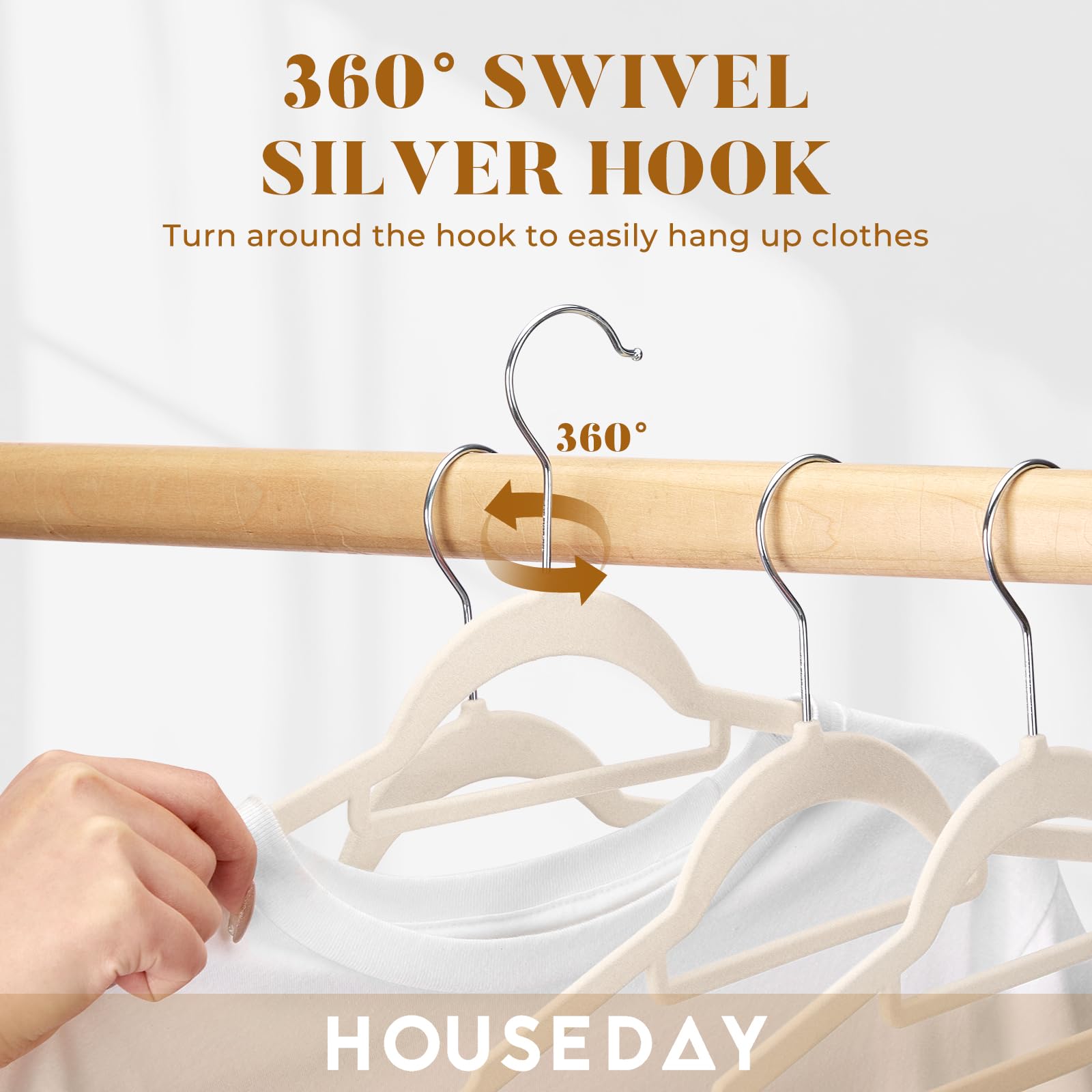 HOUSE DAY Velvet Hangers with Tie Bar 20 Pack Ivory, Clothes Hangers Non-Slip, Space Saving Felt Hangers for Pants, Coat, Suits, Shirt, Scarf, No Hanger Marks