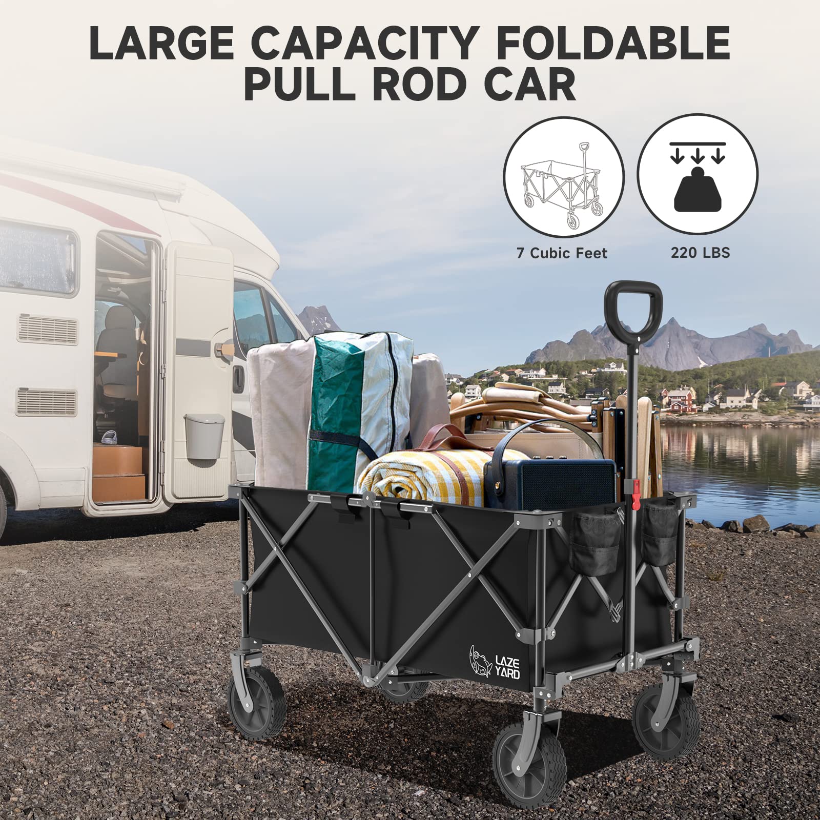 Collapsible Double Decker Wagon,Heavy Duty Foldable Wagon Cart with Extendable Tailgate,330lbs Capacity Folding Beach Wagon with All-Terrain Big Wheels,Utility Cart for Garden Sport Shopping Camping