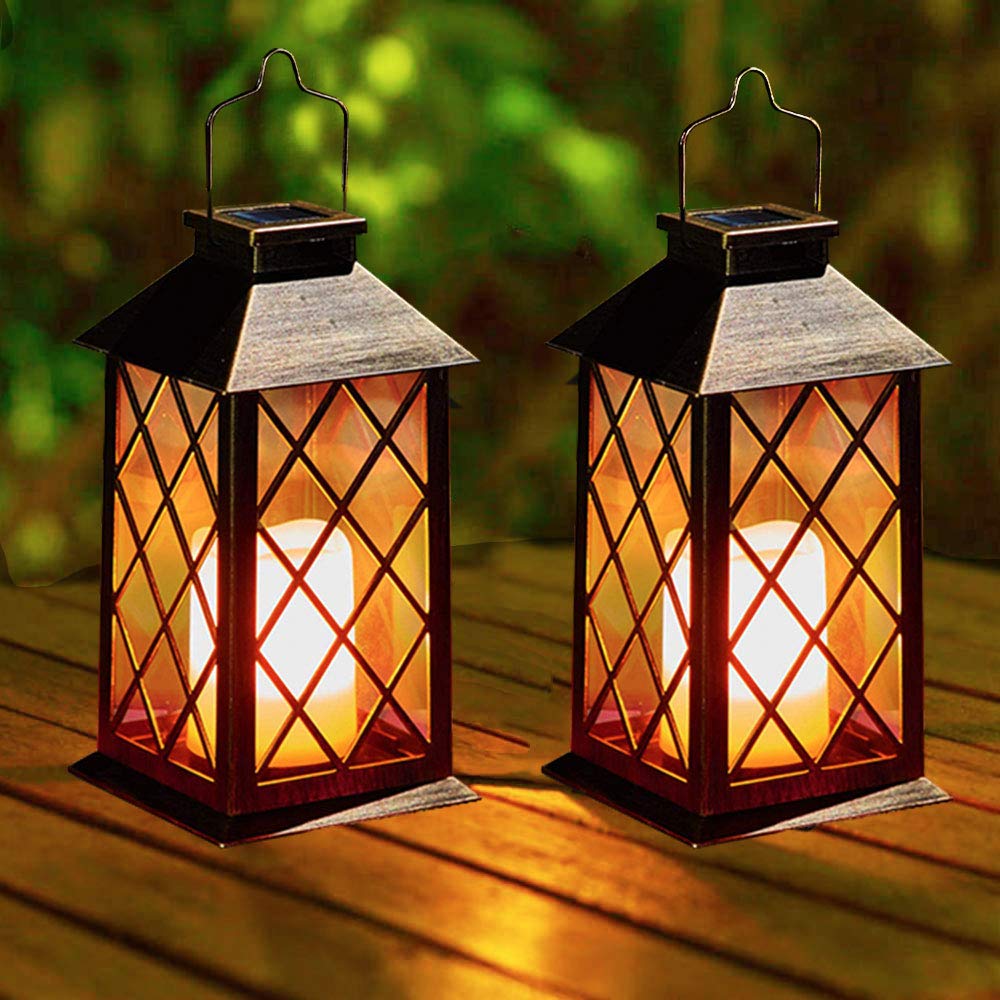 Solar Lantern Lights Hanging Lanterns Outdoor, PVC Waterproof LED Flickering Flameless Candle Decorative Solar Lantern, for Patio Courtyard Garden (2 Pack)