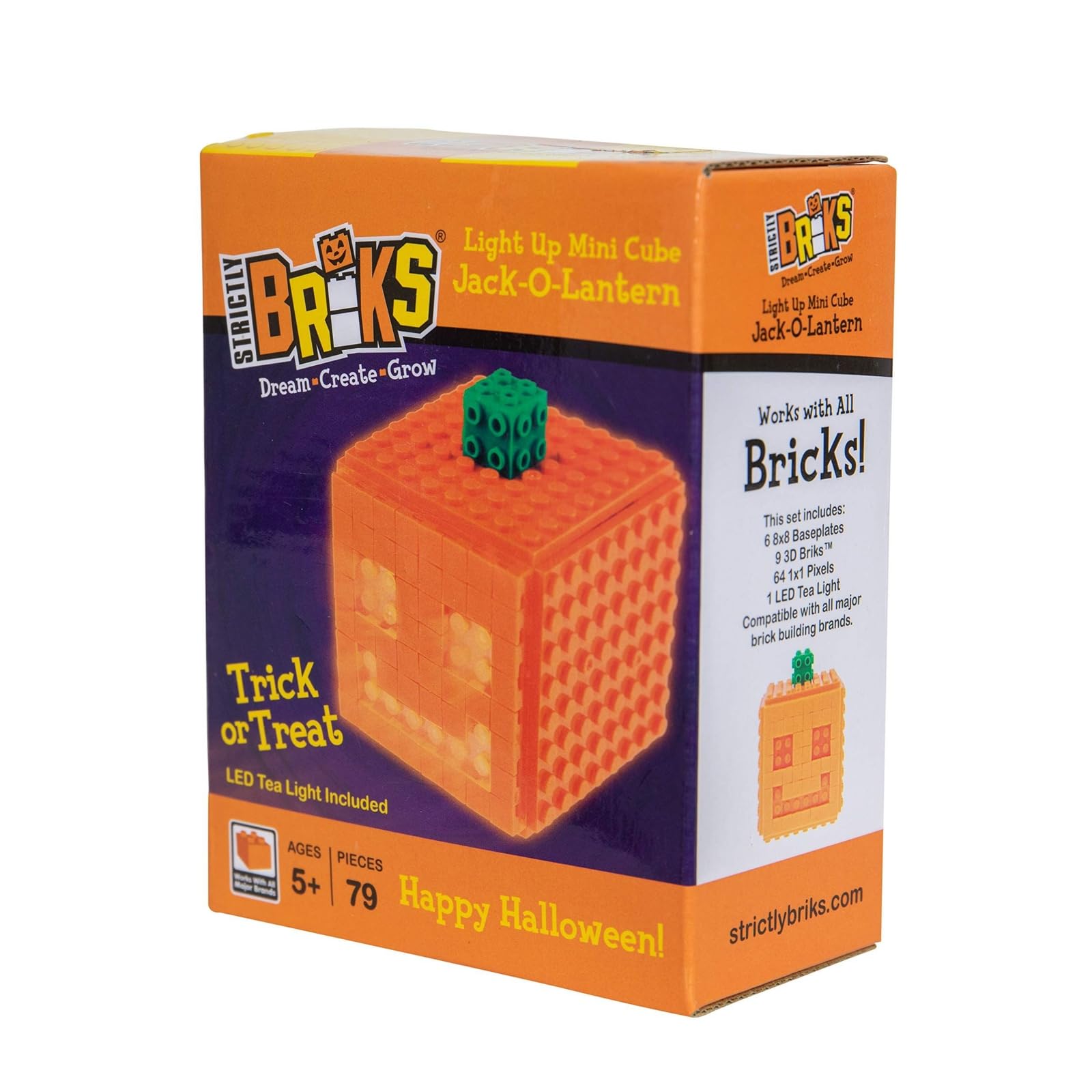 Strictly Briks Compatible with Lego 3D Toy Building Bricks & Blocks, Light Up Mini Cube Jack-O-Lantern, 79 Pieces with LED Light, Halloween Brick Construction Set, Compatible with All Major Brands