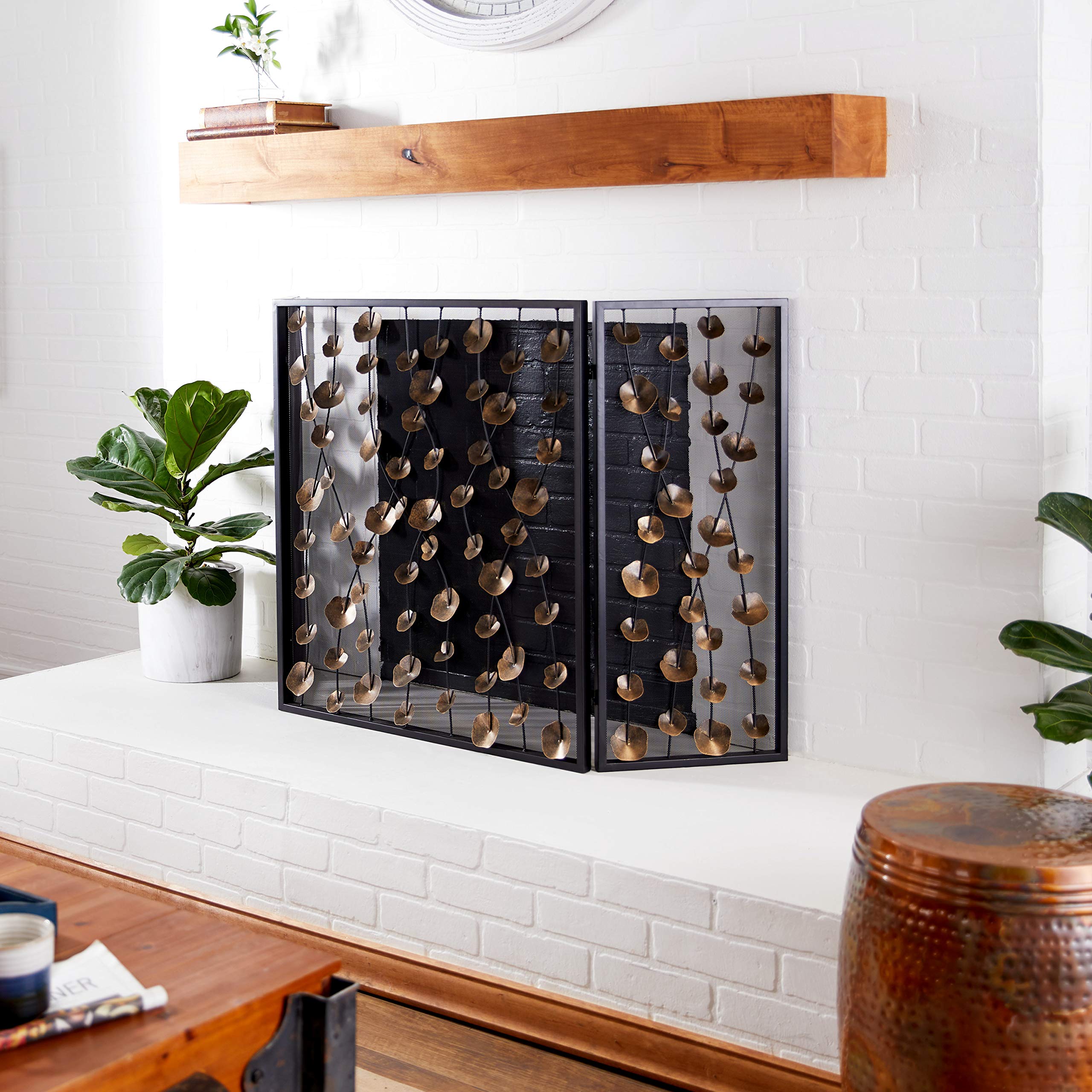 Deco 79 Metal Floral Foldable Mesh Netting 3 Panel Fireplace Screen with 3D Floral on Vines, 56" x 1" x 32", Gold