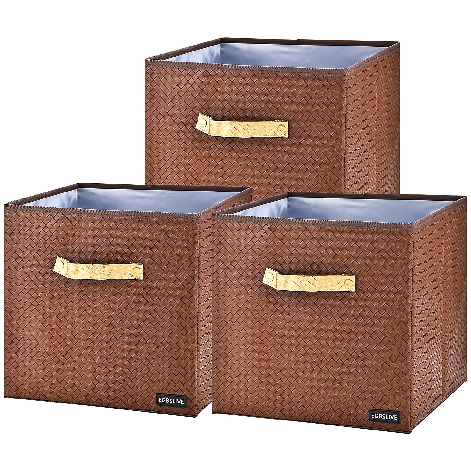 EGBSLIVE Collapsible Storage Bins, 13x13x13 Inches ,PU leather Fabric, 3 Pack, Storage Baskets with Carry Handles and Sturdy Heavy Cardboard, for Home, Office, Car, Nursery (Leather(Golden))